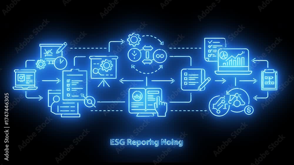 ESG Reporting System with Neon Blue Icons for Sustainability and ...