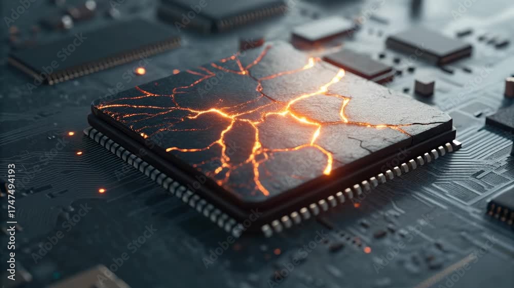 Damaged AI microchip with glowing cracks, AI risk governance concept ...