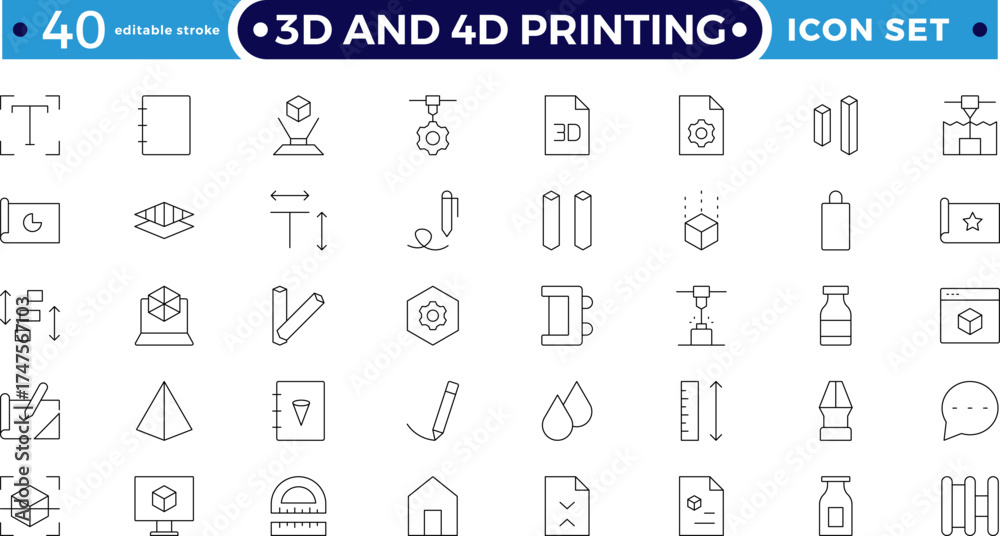3D and 4D Printing Outline icon set. Modern industrial, robotic, and ...