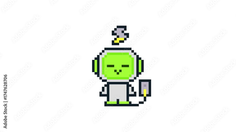 8-bit pixel art neon green ai robot electric charge. looped animation ...