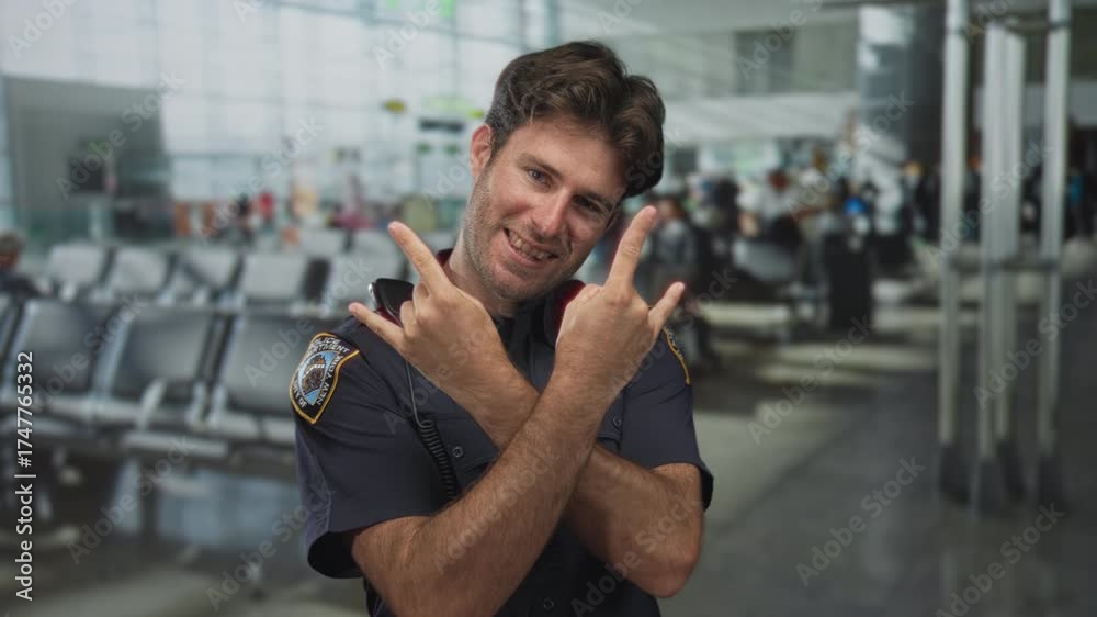 Police officer man making rock horns with both hands at airport ...