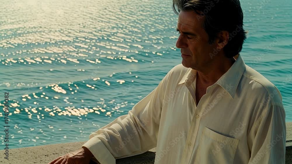 Lebanese man in traditional sherwal gazes over the Mediterranean Sea in ...