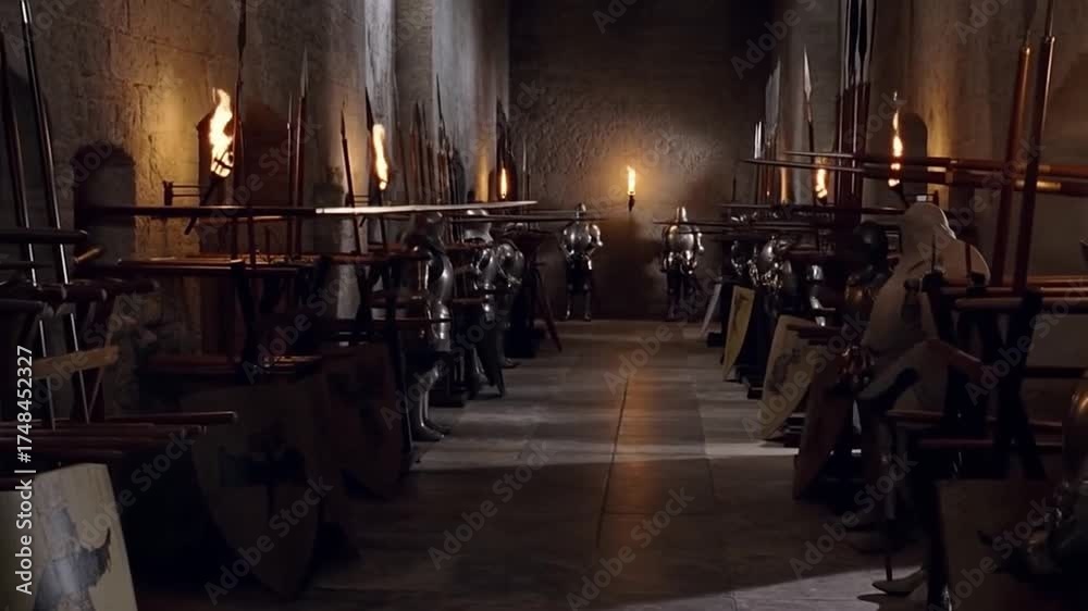 A slow tracking shot through a medieval castle's armory. Flickering ...