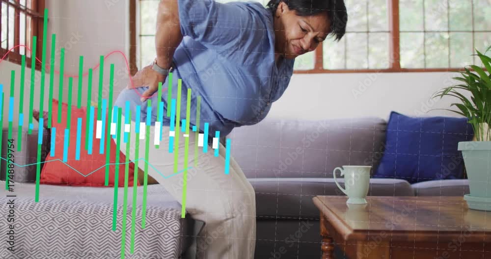 Senior woman pressing lower back pushing on seat standing while pain ...