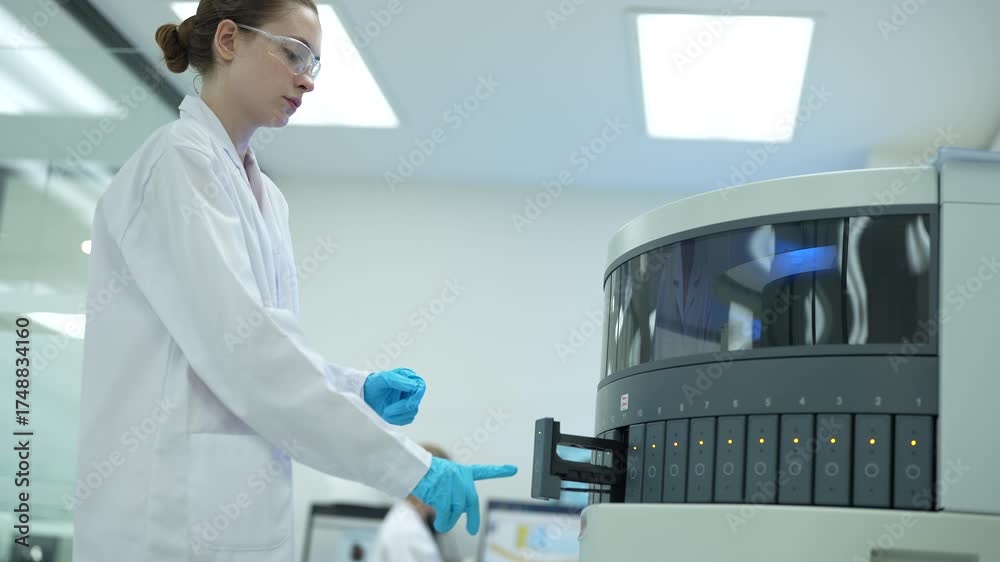 lab technicians troubleshoot an automated analyzer. One reviews the ...