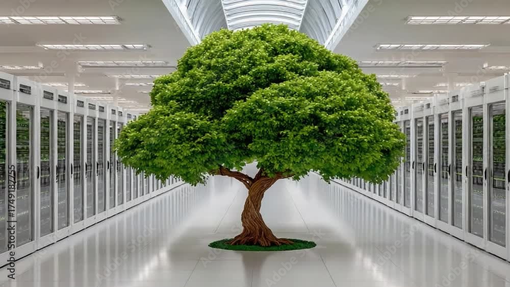 Eco-Friendly Data Center: A vibrant tree thrives within a modern data ...