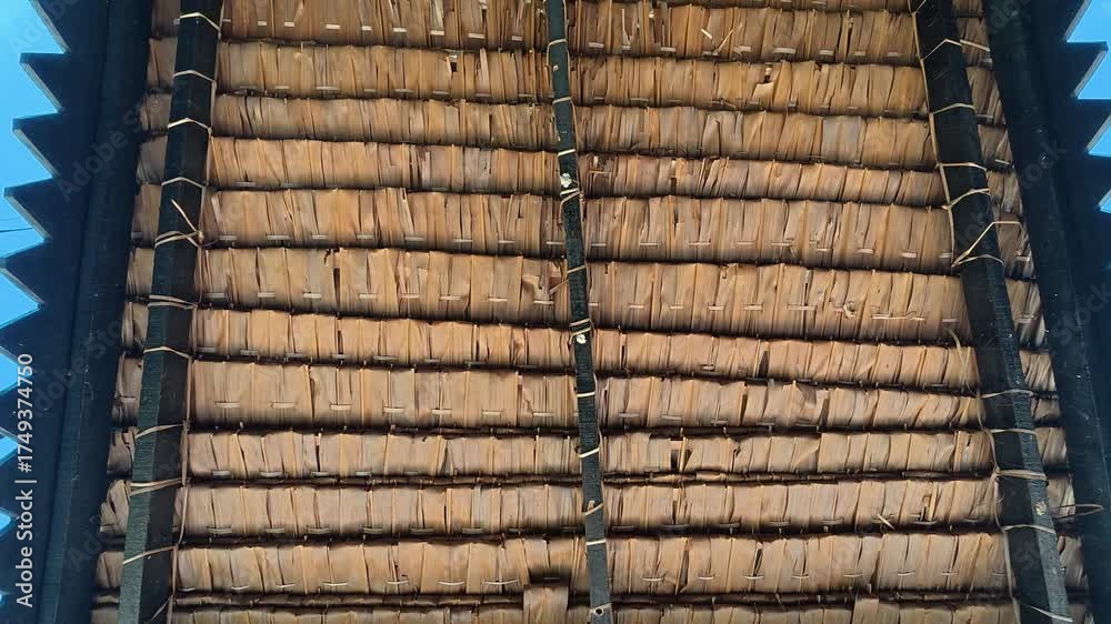 A close-up view of an atap nipah, a roof made from woven nipa palm ...