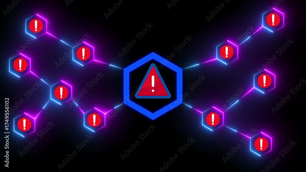 Neon Red Warning Sign Network Diagram with Exclamation Marks. Glowing ...