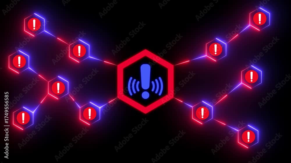 Neon Red Alert Sign Network Diagram with Exclamation Marks. Glowing ...