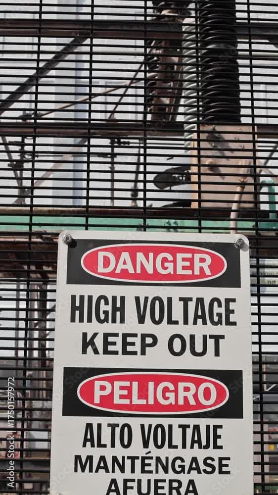 danger high voltage keep out sign in front of outdoor power plant in ...