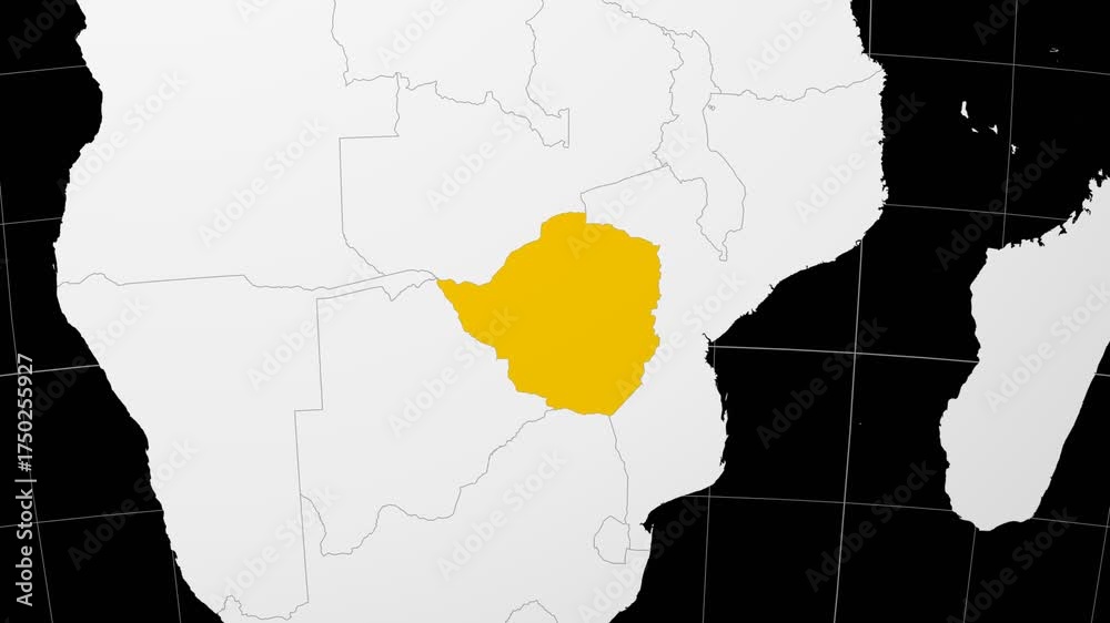 Zimbabwe map. Animated zoom into the country on the Globe in Black ...
