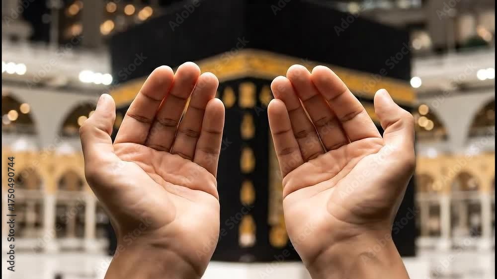 Hands raised in prayer before the Kaaba in Mecca, a sacred Islamic ...