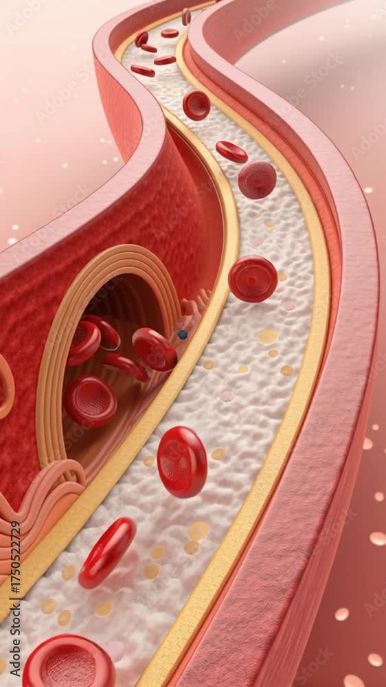Red blood cells flow through curved artery with detailed cross section ...