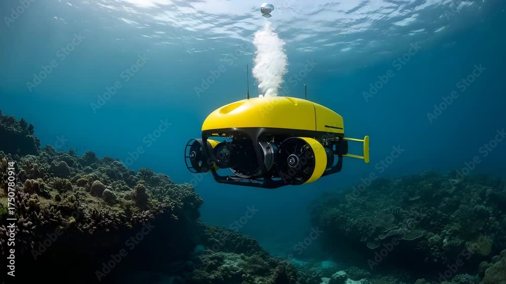 Yellow underwater remotely operated vehicle rov exploring coral reef ...