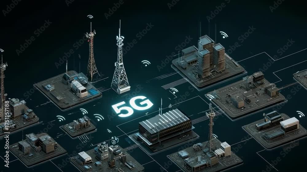 5G network infrastructure with multiple base stations, antennas on ...