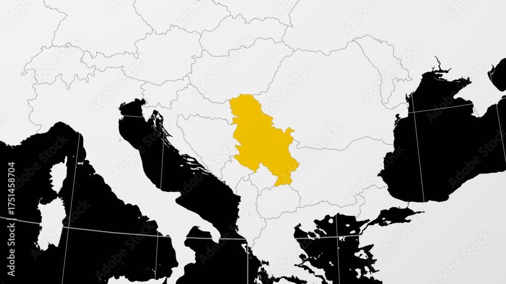 Serbia map. Animated zoom into the country on the Globe in Black White ...
