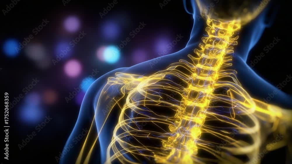 Detailed anatomy chart highlighting musculoskeletal system, upper back ...