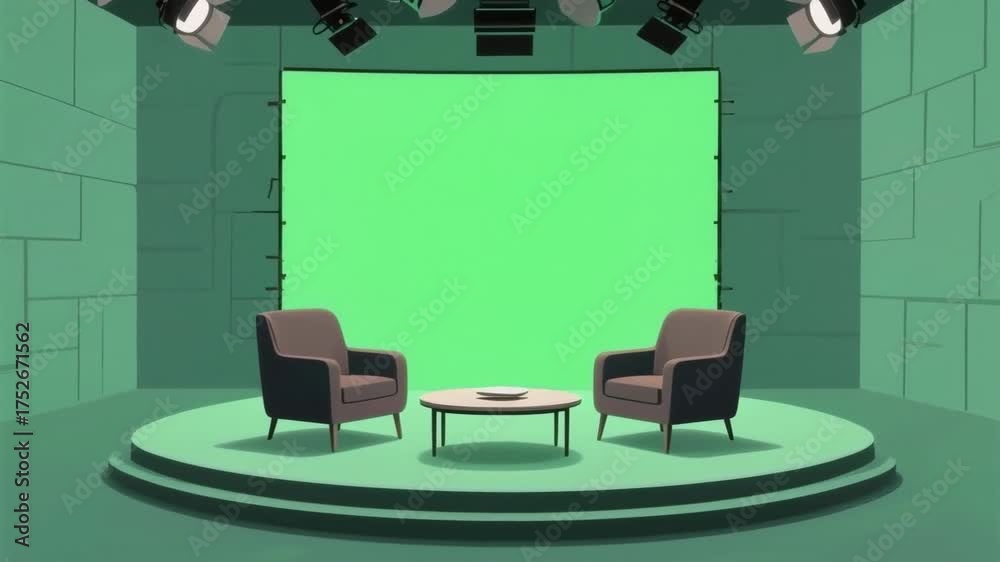 Cartoon studio setup with green screen backdrop two chairs and a coffee ...
