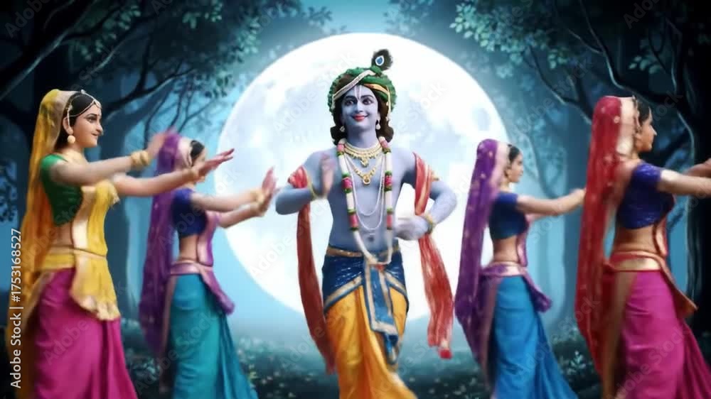 Lord Krishna Performs the Divine Raas Leela Dance with Gopis. Stock ...