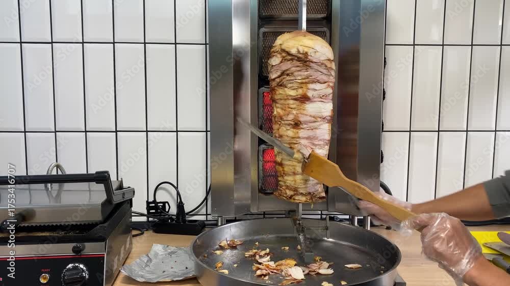 Meat is being sliced from a vertical shawarma grill using a knife ...
