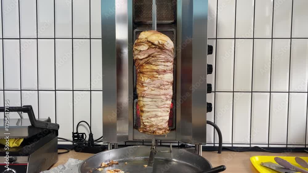 Juicy meat rotates and roasts on a vertical shawarma spit. Traditional ...