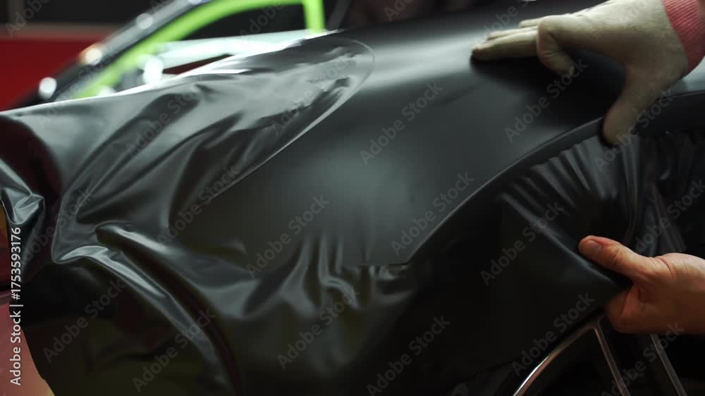 Matte black vinyl wrapping around car with smooth alignment over curves ...