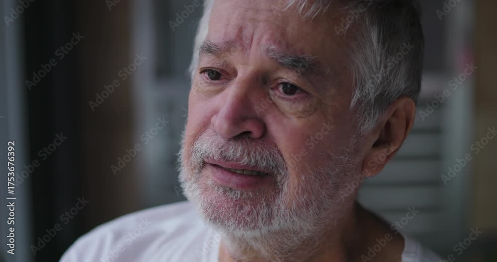 Older man staring into the distance with tearful eyes, overwhelmed by ...