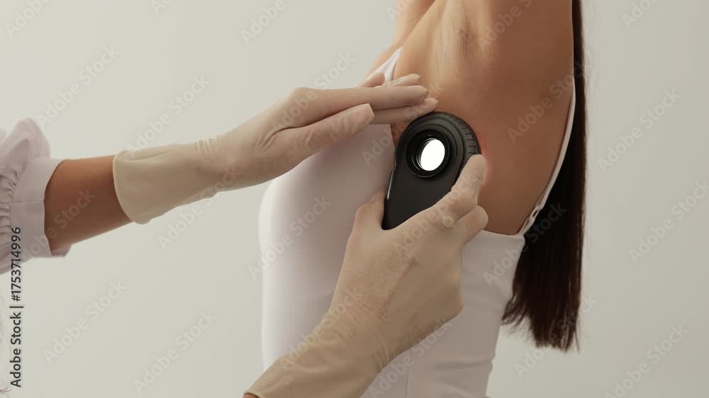 Dermatologist examines girl skin using dermatoscope 4k video. Medical ...