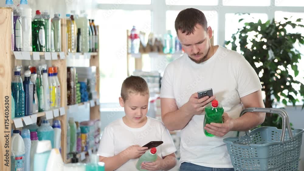 Dad teaches his son to scan QR code on package of dishwashing. Store ...