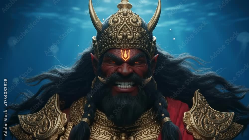 A fierce demon king with fiery eyes and ancient armor appears in close ...