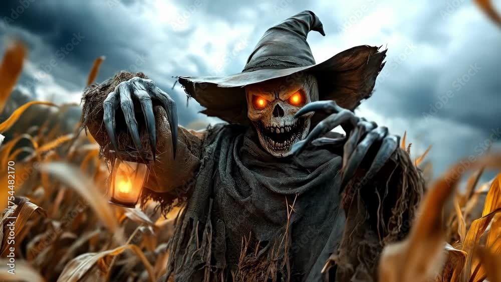 Terrifying scarecrow in cornfield with lantern and glowing eyes under ...