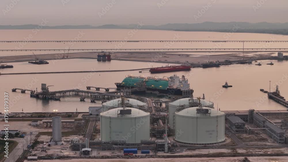 LNG (Liquified Natural Gas) tanker anchored in Gas terminal gas tanks ...