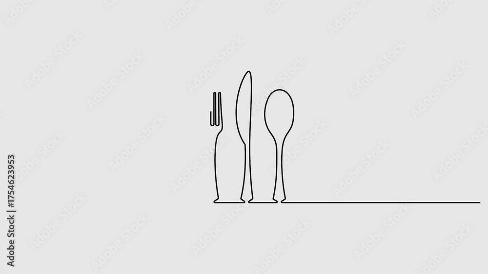 Animated continuous one line drawing spoon, fork and knife. Single ...