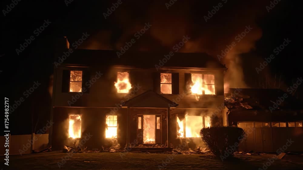 A terrifying house fire engulfs a two-story suburban home at night with ...