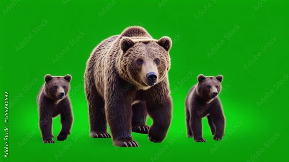 A family of brown bears standing against a bright green screen ...