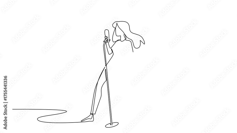 Animated self drawing of single one line drawing a woman singing while ...