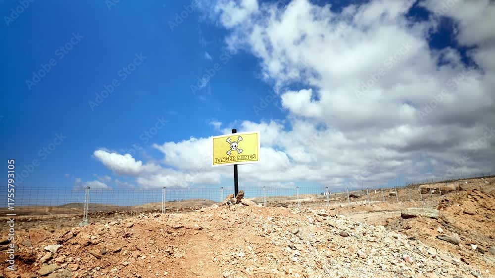 Yellow warning sign with a skull and crossbones indicating a minefield ...