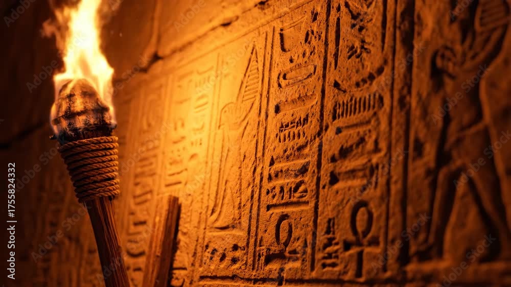Vertical video of a flaming torch illuminating ancient Egyptian ...