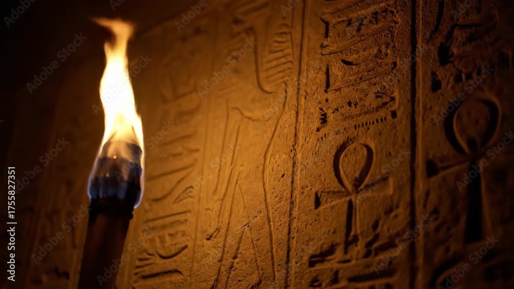 Exploring an ancient Egyptian tomb with a torch. A flickering flame ...