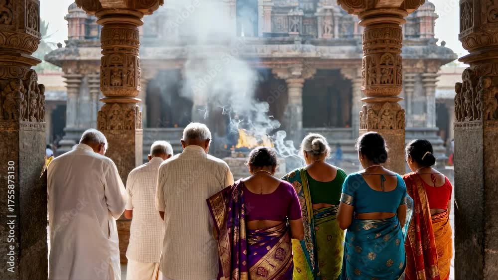 A group of indian people in traditional clothing praying inside an ...