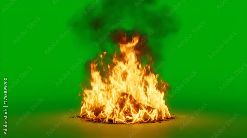 Fire animation bursting into flames on green screen. VFX sequence ...