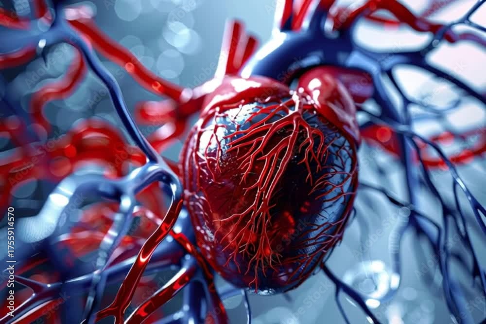 Detailed 3D medical animation still frame of human cardiovascular ...