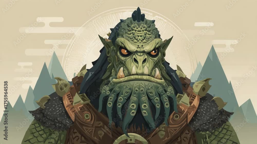 Flat 2D fantasy character art of an orc warrior, mottled skin tones ...