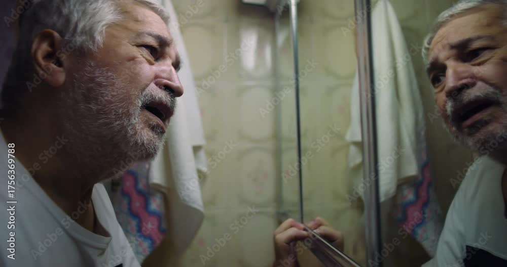 Older man raising hands in front of mirror, mouth open in shock and ...