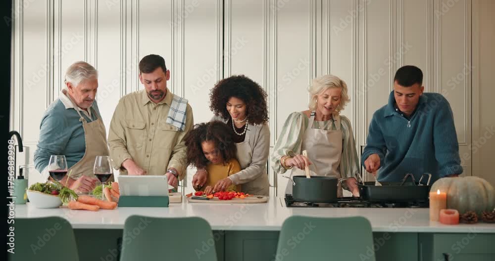 Big family, cooking and vegetables in kitchen at house with meal prep ...