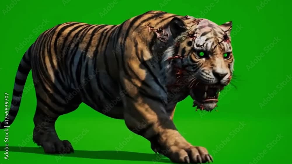 Animated Zombie Tiger on Green Screen: A ferocious tiger with glowing ...