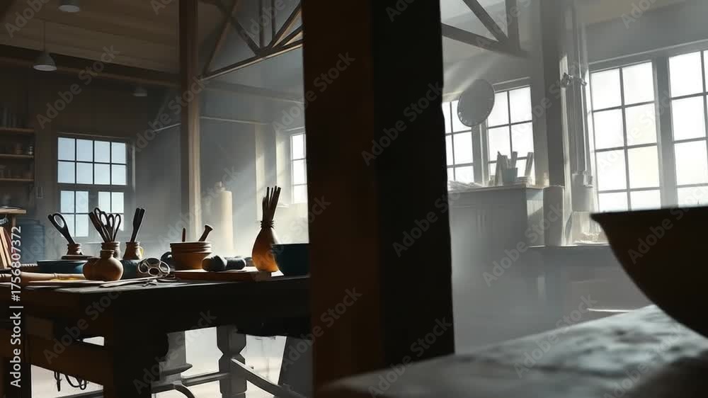 Video „Making crafts at a workbench in a spacious workshop with natural ...
