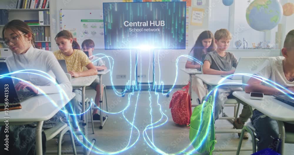 Children Work on Laptops in Futuristic Classroom Connected to Central ...