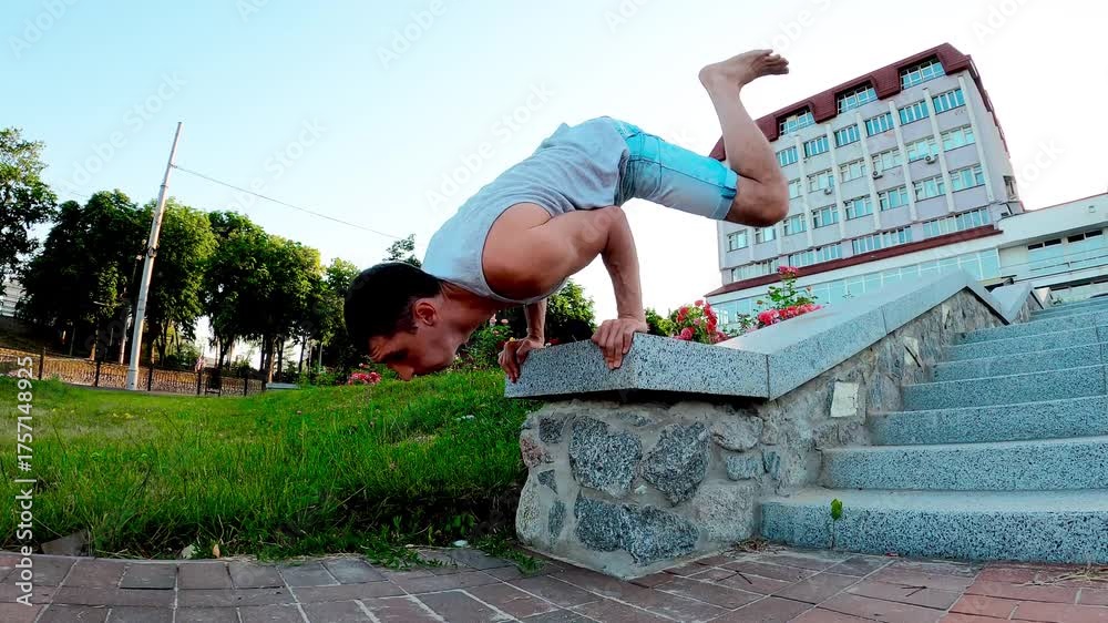 A young man practices a handstand near the Sadko Fountain in Sumy ...