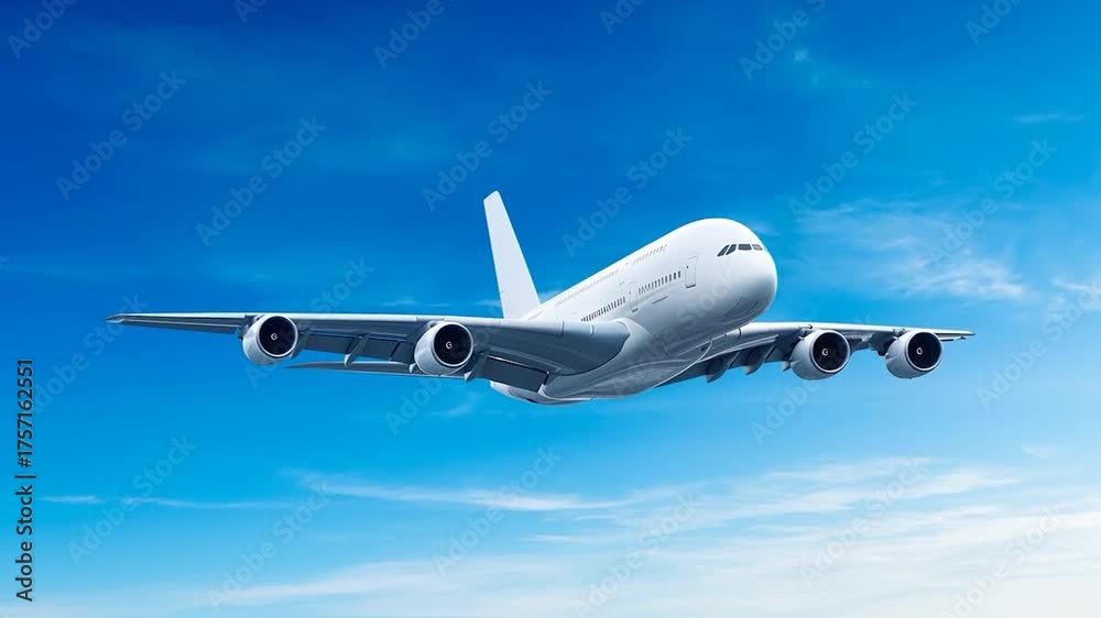 White passenger airplane Airbus A380 flying above the clouds in a blue ...